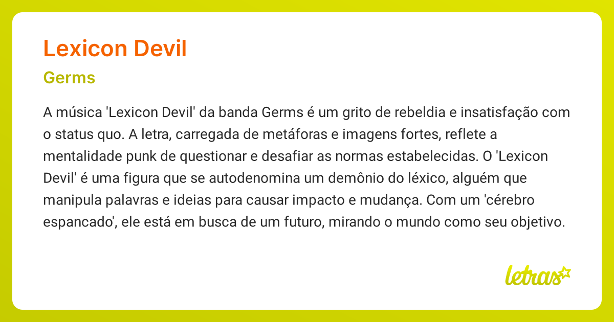 Significado da música LEXICON DEVIL (Germs) - LETRAS.MUS.BR