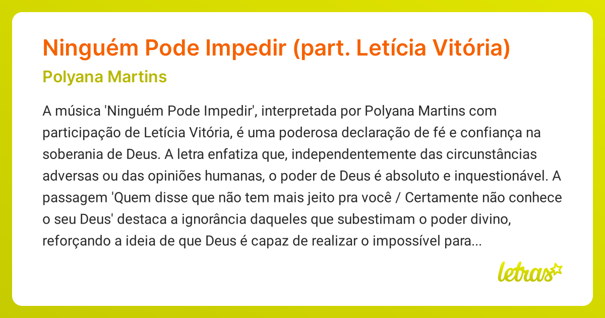 Significado da música Ninguém Pode Impedir (part. Letícia Vitória ...