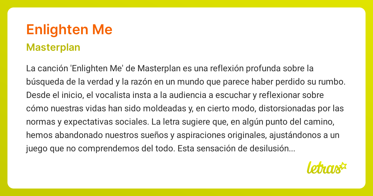 Significado de la canción ENLIGHTEN ME (Masterplan) - LETRAS.COM