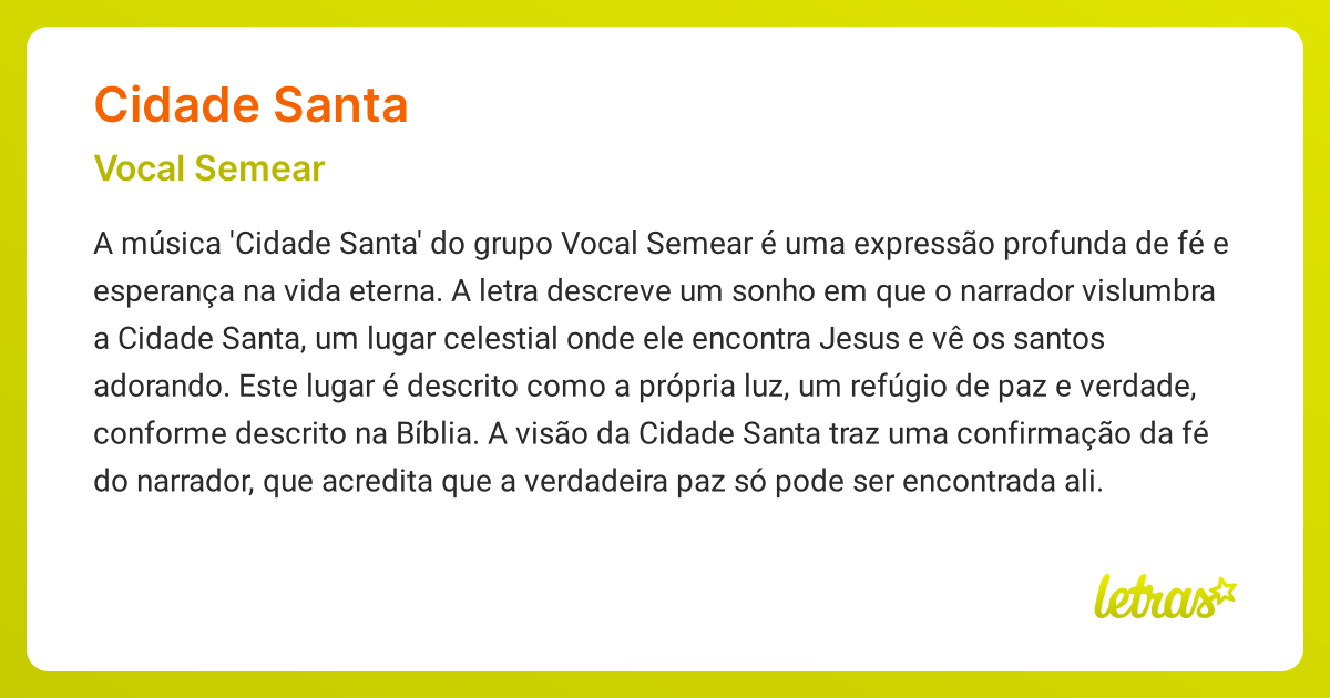 Significado da música CIDADE SANTA (Vocal Semear) - LETRAS.MUS.BR