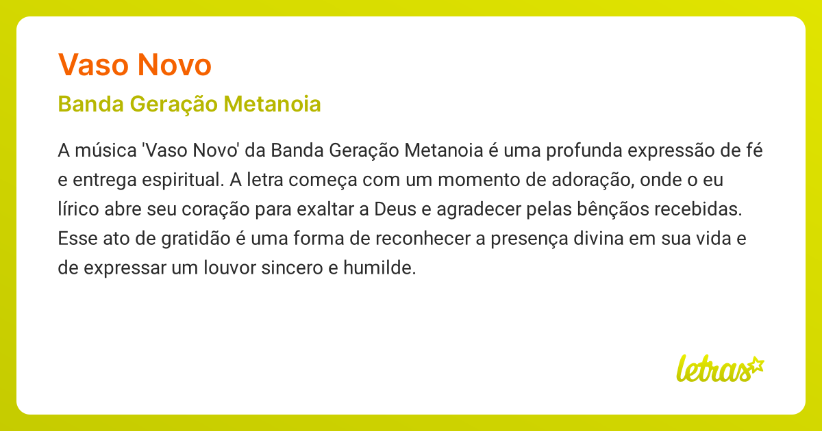 Significado da música VASO NOVO (Banda Geração Metanoia) - LETRAS.MUS.BR