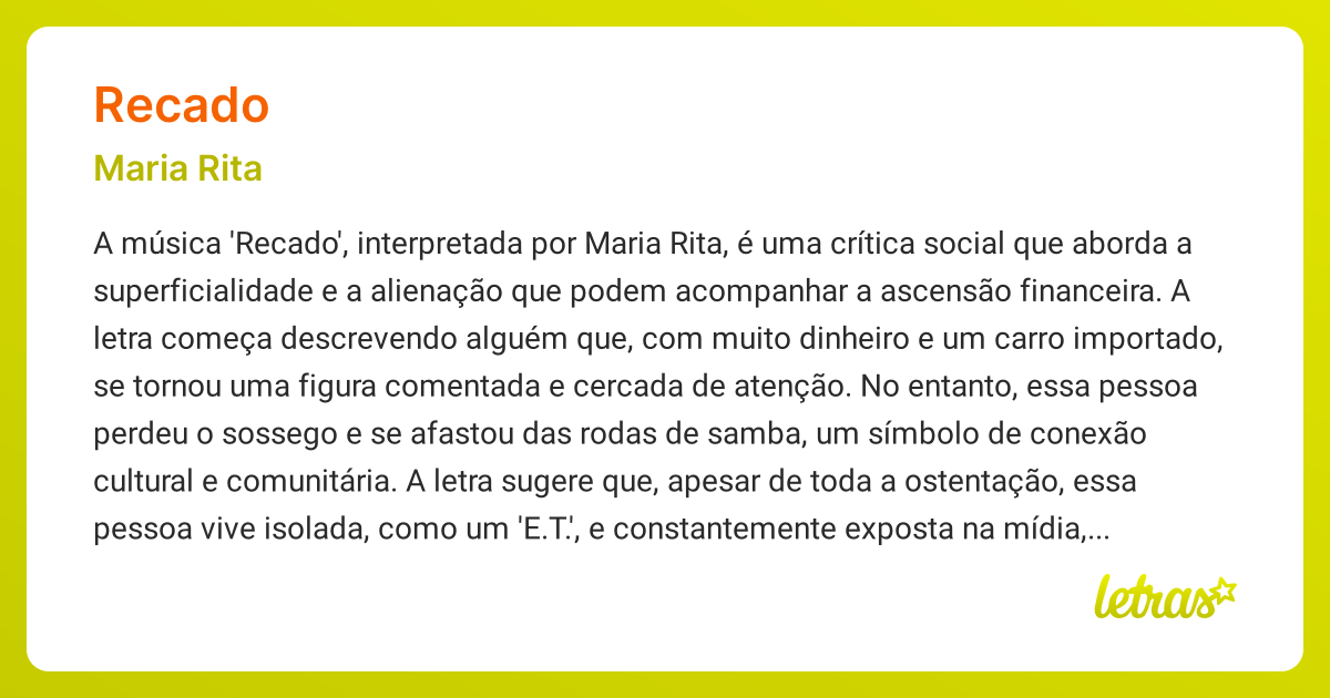 Significado da música RECADO (Maria Rita) - LETRAS.MUS.BR