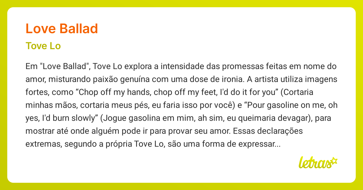 Significado da música LOVE BALLAD (Tove Lo) - LETRAS.MUS.BR