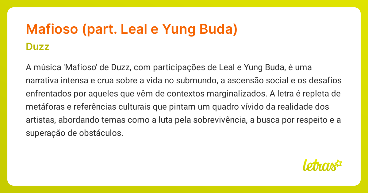 Significado da música Mafioso (part. Leal e Yung Buda) (Duzz) - LETRAS ...