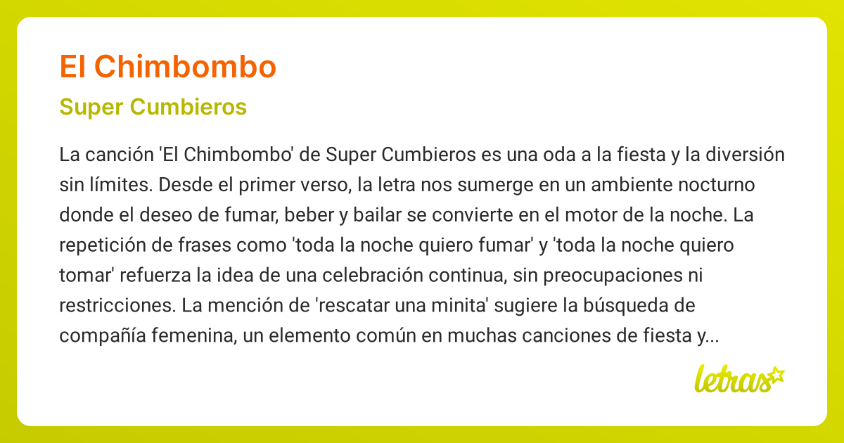 Significado de la canción EL CHIMBOMBO (Super Cumbieros) - LETRAS.COM