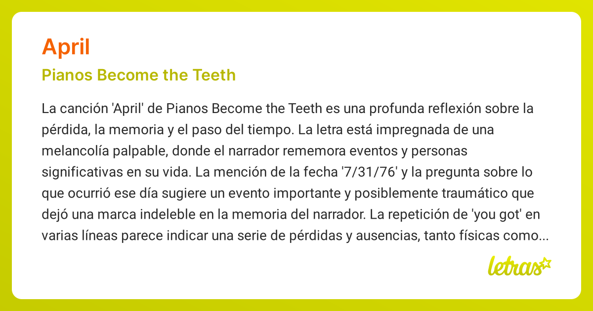 Significado de la canción APRIL (Pianos Become the Teeth) - LETRAS.COM