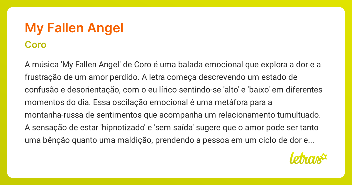 Significado da música MY FALLEN ANGEL (Coro) - LETRAS.MUS.BR