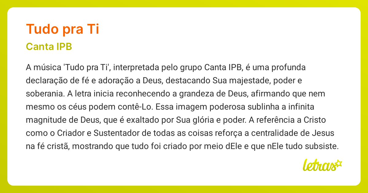 Significado da música TUDO PRA TI (Canta IPB) - LETRAS.MUS.BR