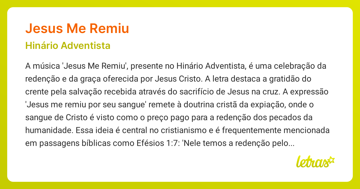 Significado da música JESUS ME REMIU (Hinário Adventista) - LETRAS.MUS.BR