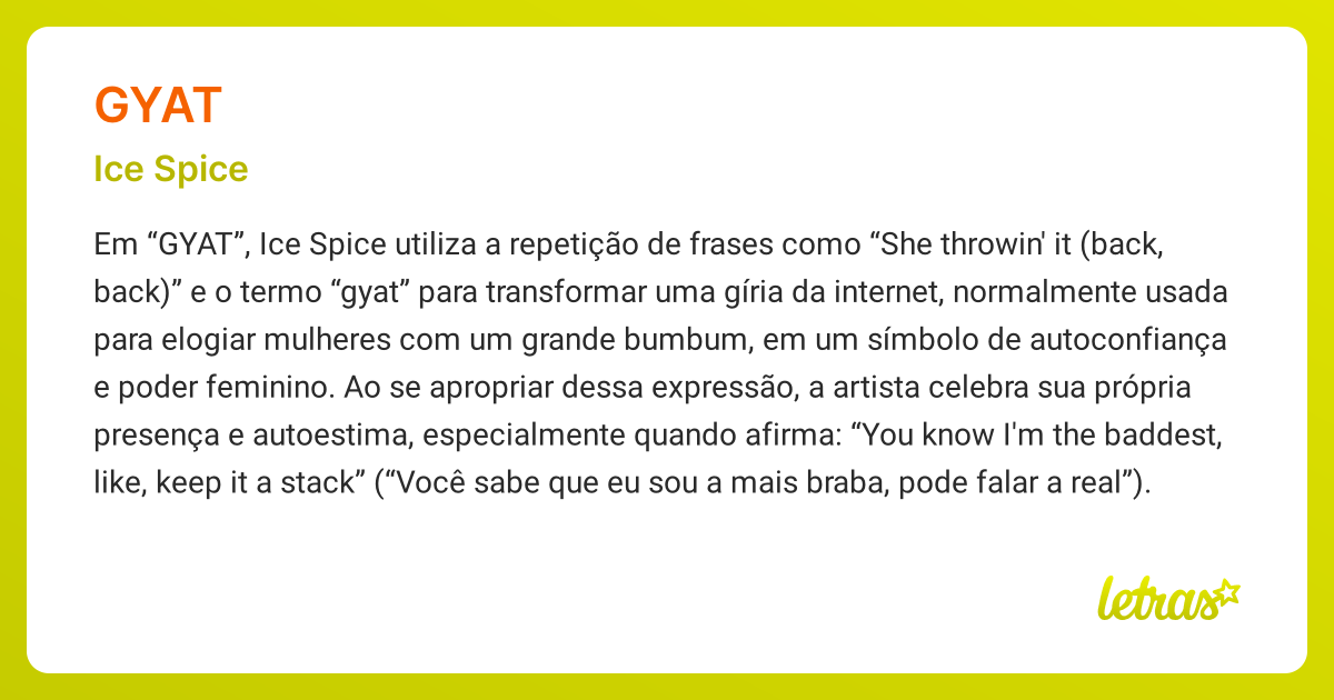 Significado da música GYAT (Ice Spice) - LETRAS.MUS.BR