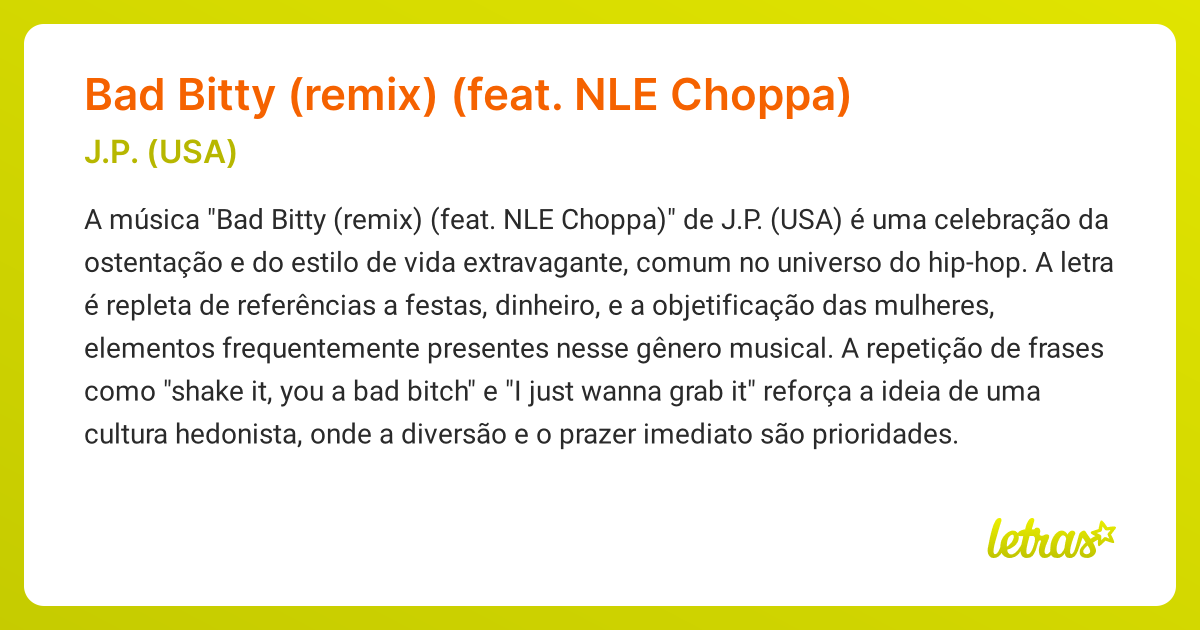 Significado da música Bad Bitty (remix) (feat. NLE Choppa) (J.P. (USA ...