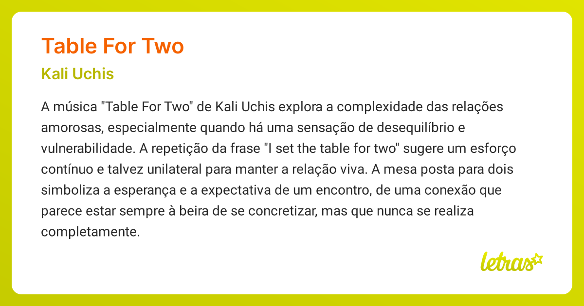 Significado da música TABLE FOR TWO (Kali Uchis) - LETRAS.MUS.BR