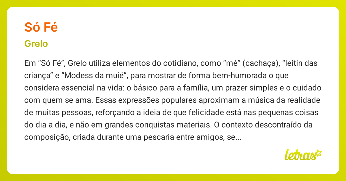 Significado da música SÓ FÉ (Grelo) - LETRAS.MUS.BR