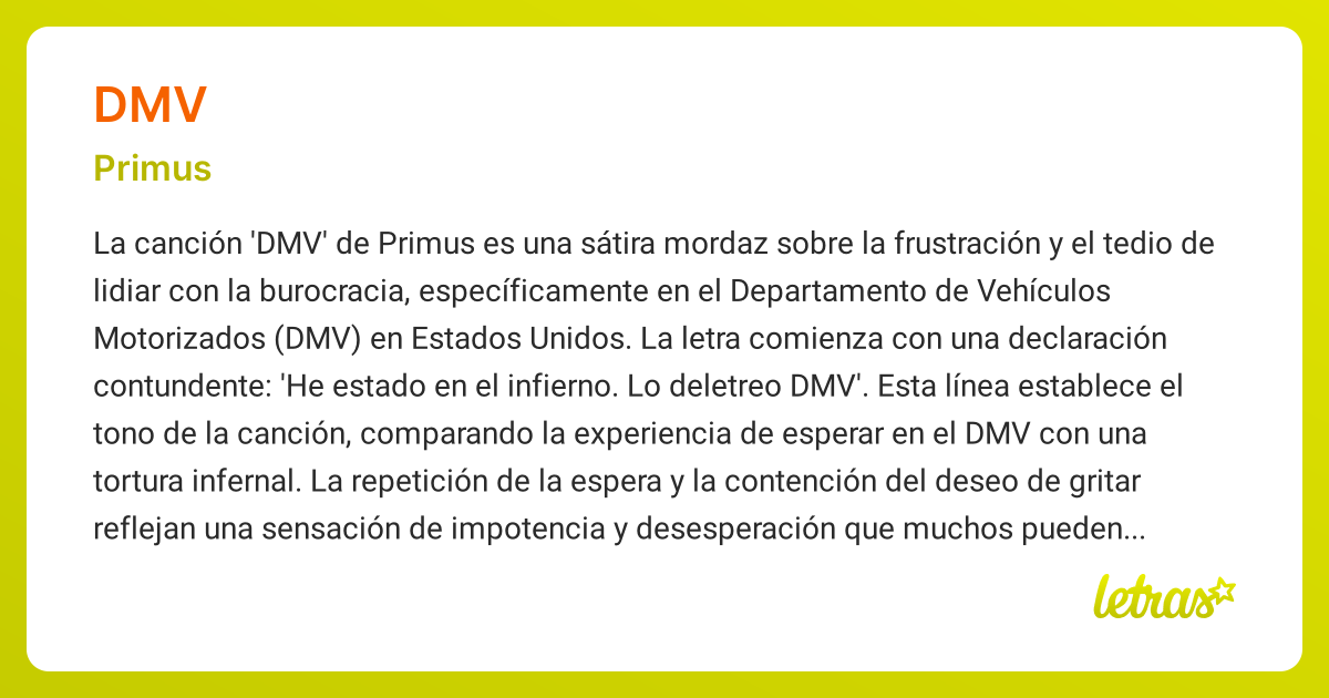 Significado de la canción DMV (Primus) - LETRAS.COM