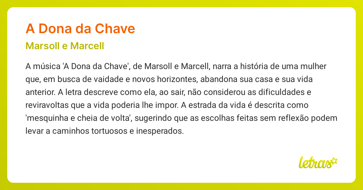 Significado da música A DONA DA CHAVE (Marsoll e Marcell) - LETRAS.MUS.BR