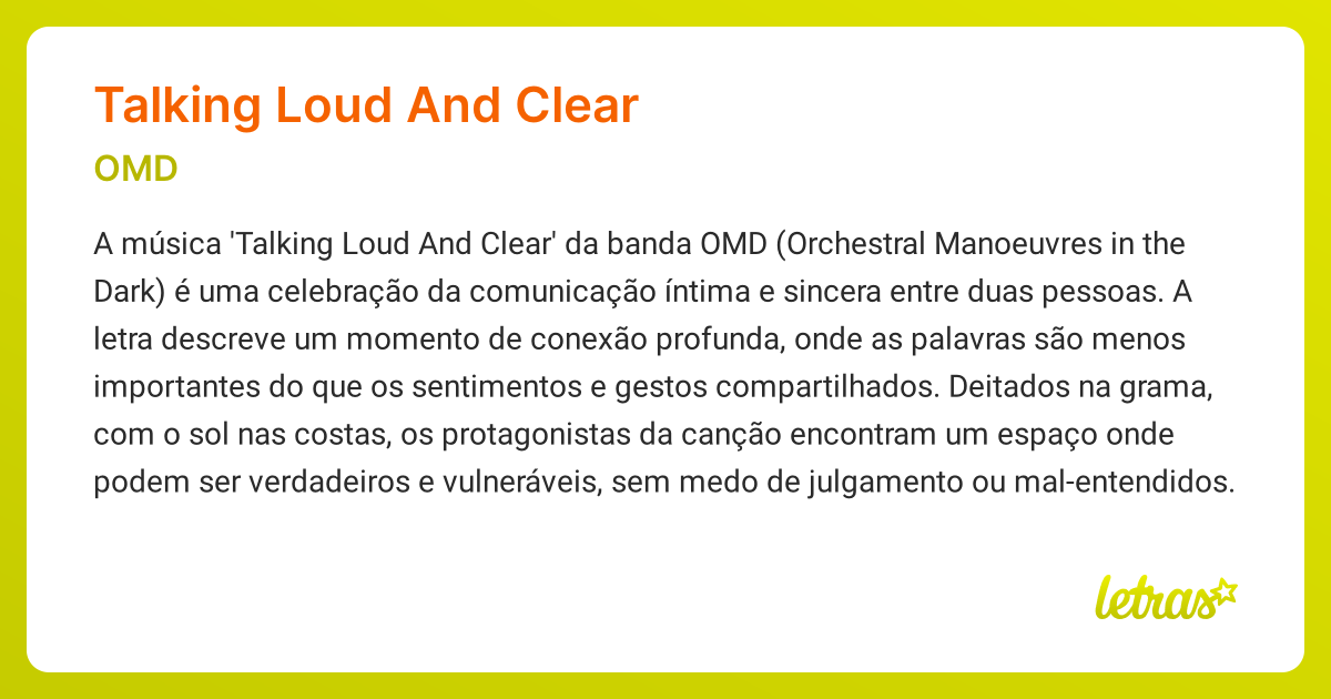 Significado da música TALKING LOUD AND CLEAR (OMD) - LETRAS.MUS.BR