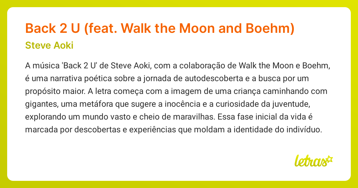Significado da música Back 2 U (feat. Walk the Moon and Boehm) (Steve ...