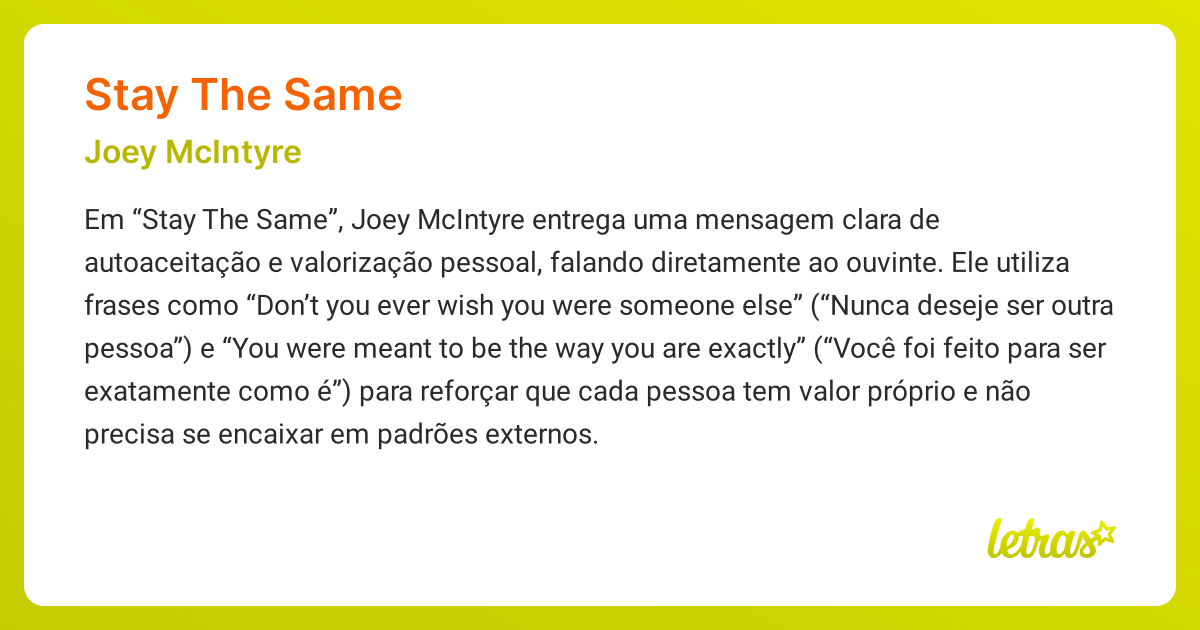 Significado da música STAY THE SAME (Joey McIntyre) - LETRAS.MUS.BR
