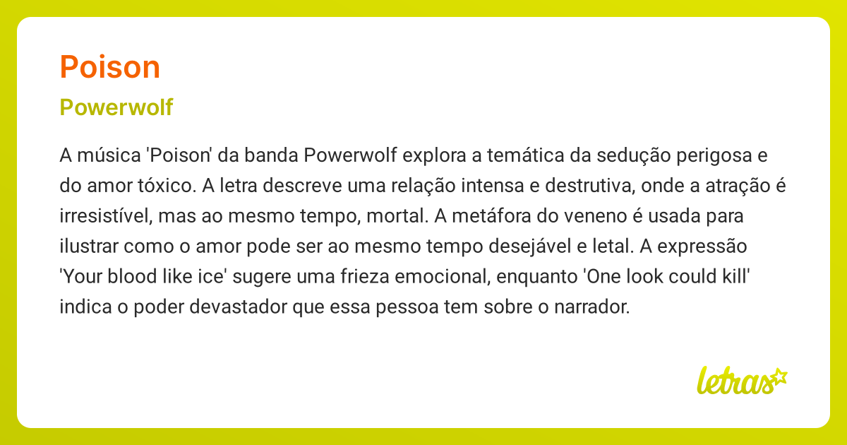 Significado da música POISON (Powerwolf) - LETRAS.MUS.BR