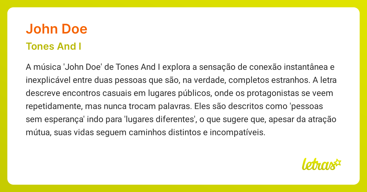 Significado da música JOHN DOE (Tones And I) - LETRAS.MUS.BR