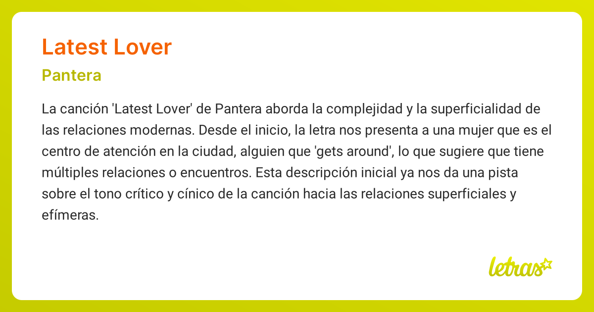 Significado de la canción LATEST LOVER (Pantera) - LETRAS.COM