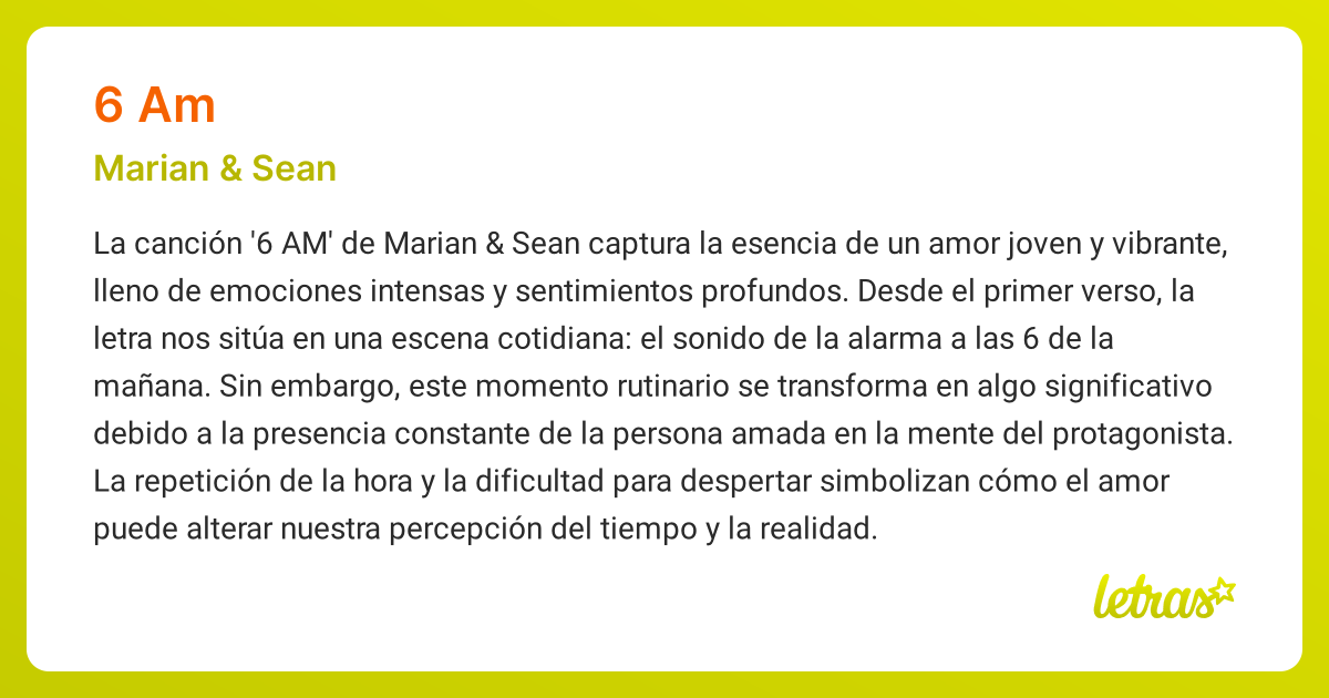 Significado de la canción 6 AM (Marian & Sean) - LETRAS.COM