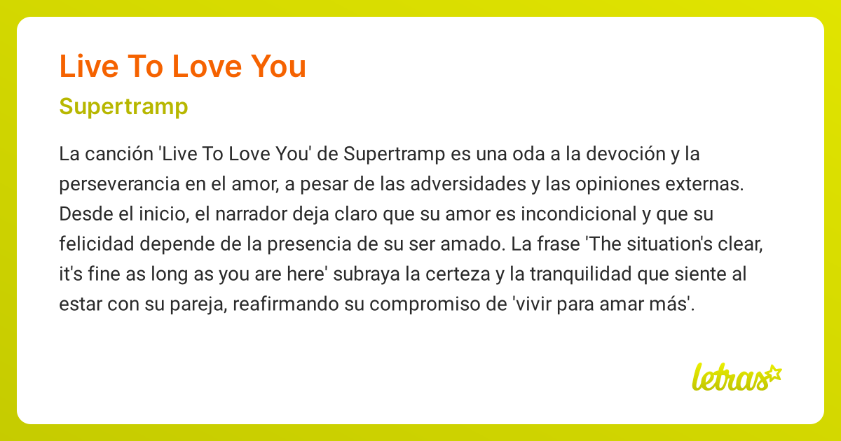 Significado de la canción LIVE TO LOVE YOU (Supertramp) - LETRAS.COM