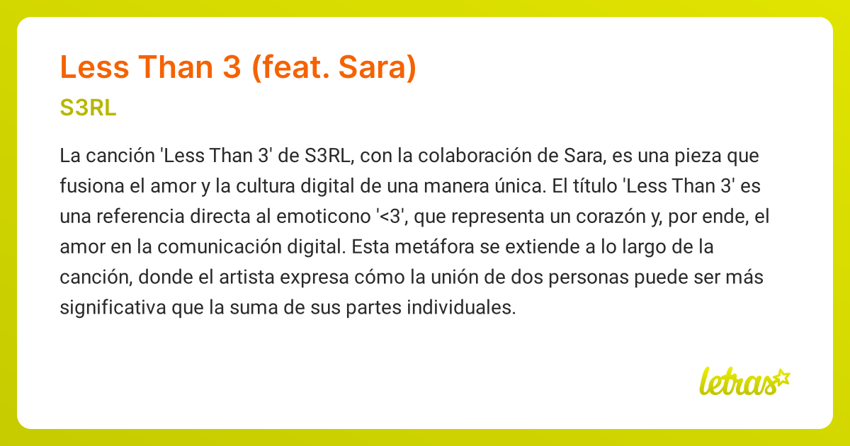 Significado de la canción LESS THAN 3 (FEAT. SARA) (S3RL) - LETRAS.COM