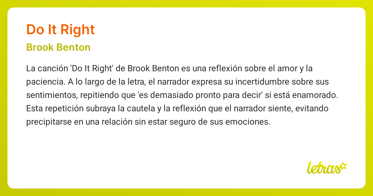 Significado de la canción DO IT RIGHT (Brook Benton) - LETRAS.COM