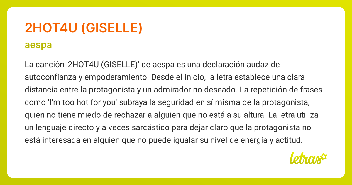 Significado de la canción 2HOT4U (GISELLE) (aespa) - LETRAS.COM