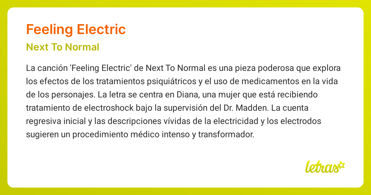 Significado de la canción FEELING ELECTRIC (Next To Normal) - LETRAS.COM