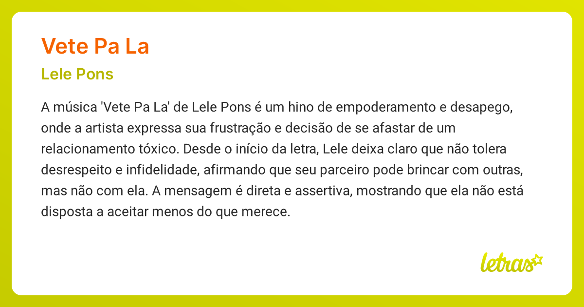 Significado da música VETE PA LA (Lele Pons) - LETRAS.MUS.BR