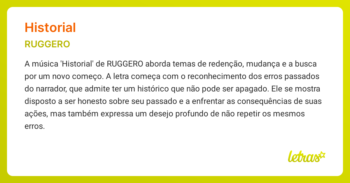 Significado da música HISTORIAL (RUGGERO) - LETRAS.MUS.BR