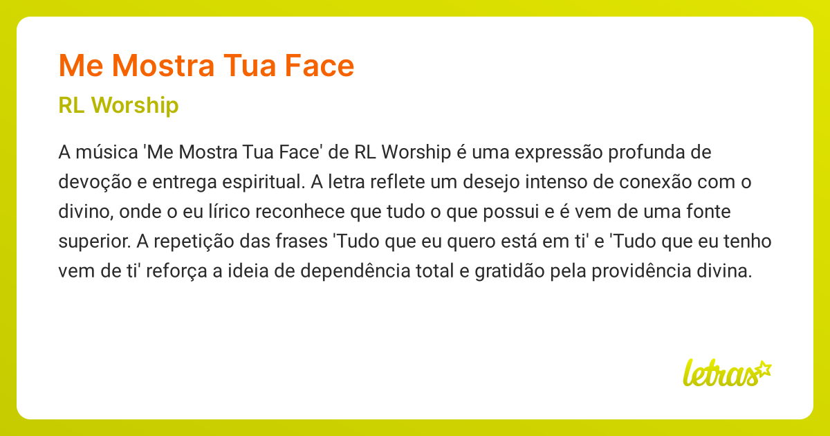 Significado da música ME MOSTRA TUA FACE (RL Worship) - LETRAS.MUS.BR