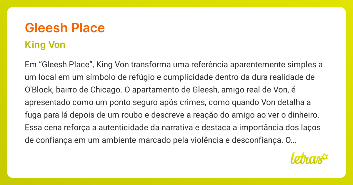 Significado da música GLEESH PLACE (King Von) - LETRAS.MUS.BR