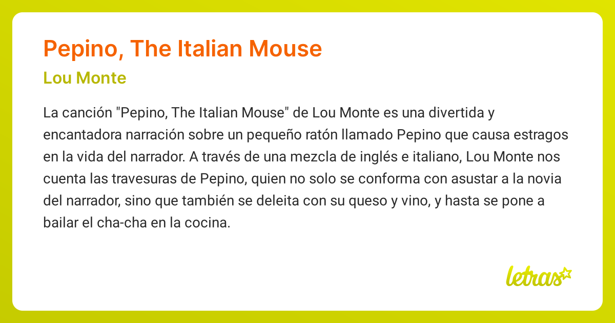 Significado de la canción PEPINO, THE ITALIAN MOUSE (Lou Monte ...