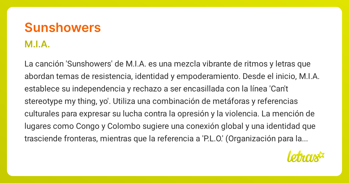 Significado de la canción SUNSHOWERS (M.I.A.) - LETRAS.COM