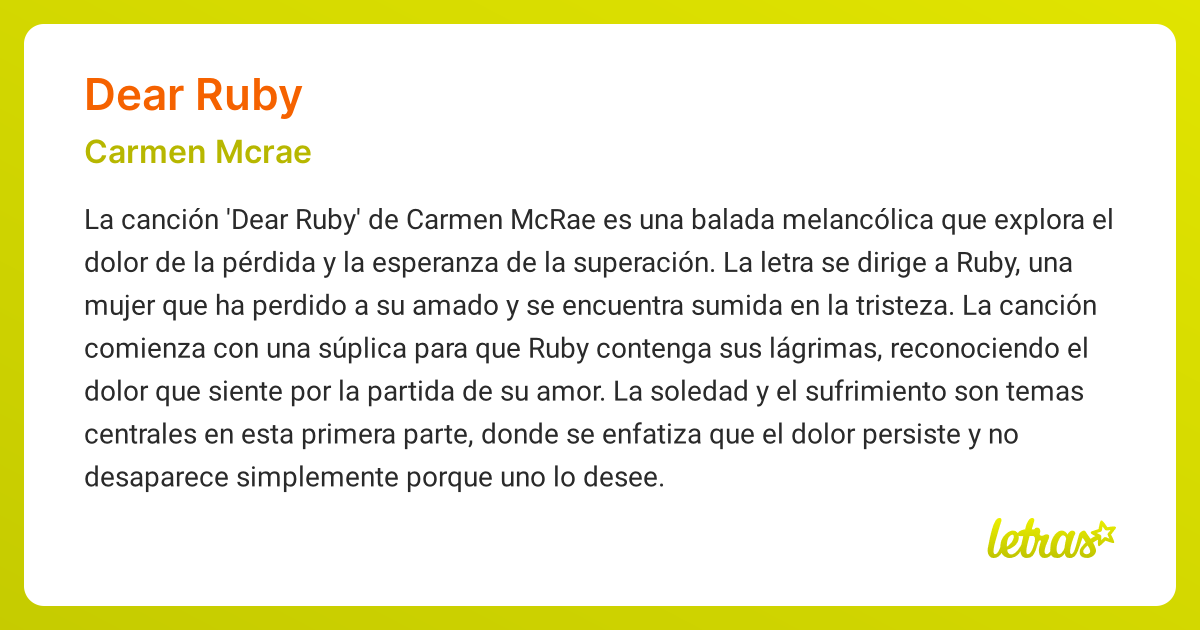 Significado de la canción DEAR RUBY (Carmen Mcrae) - LETRAS.COM