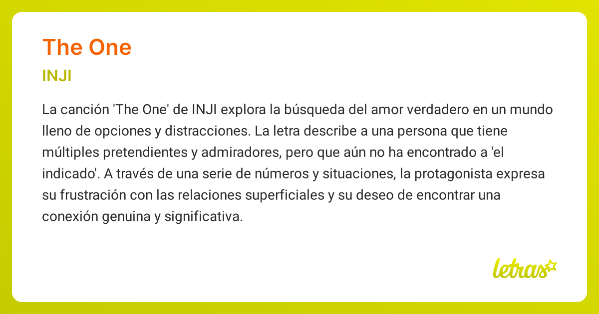 Significado de la canción THE ONE (INJI) - LETRAS.COM