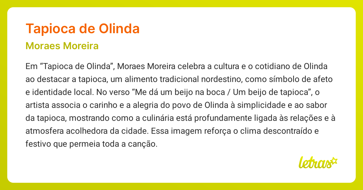 Significado da música TAPIOCA DE OLINDA (Moraes Moreira) - LETRAS.MUS.BR
