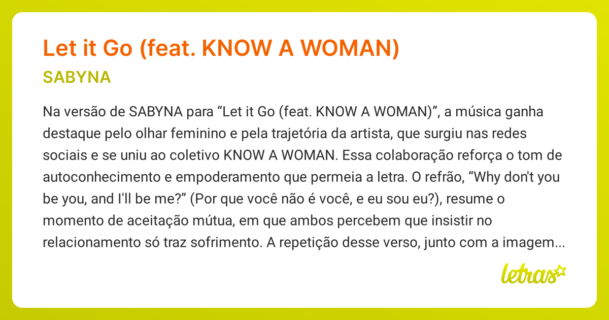 Significado da música LET IT GO (FEAT. KNOW A WOMAN) (SABYNA) - LETRAS ...