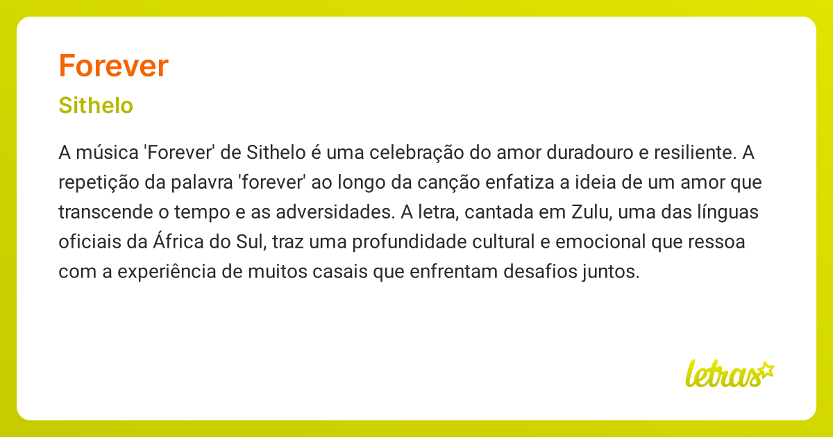 Significado da música FOREVER (Sithelo) - LETRAS.MUS.BR