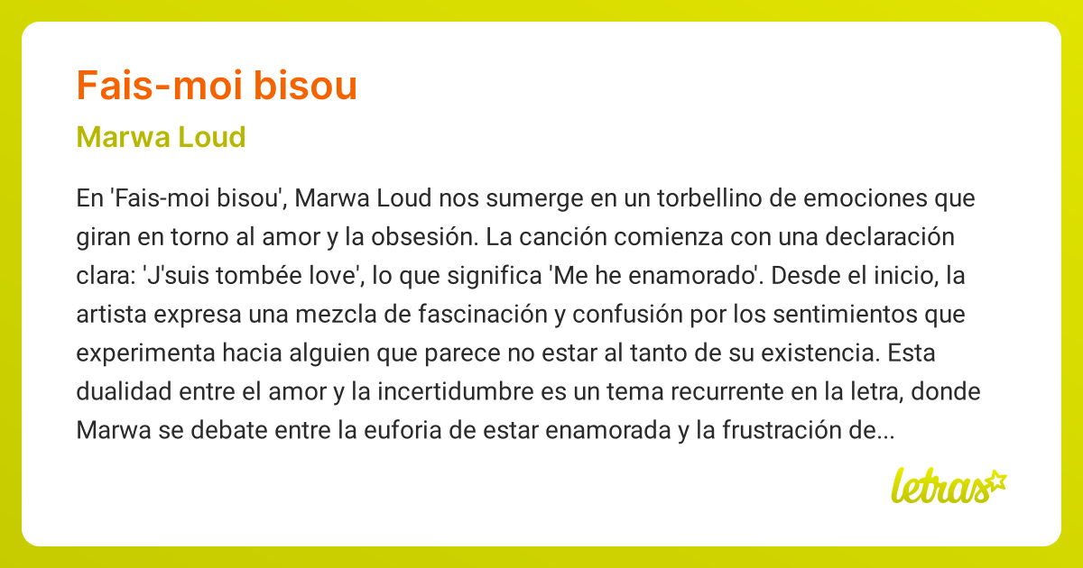Significado de la canción FAIS-MOI BISOU (Marwa Loud) - LETRAS.COM