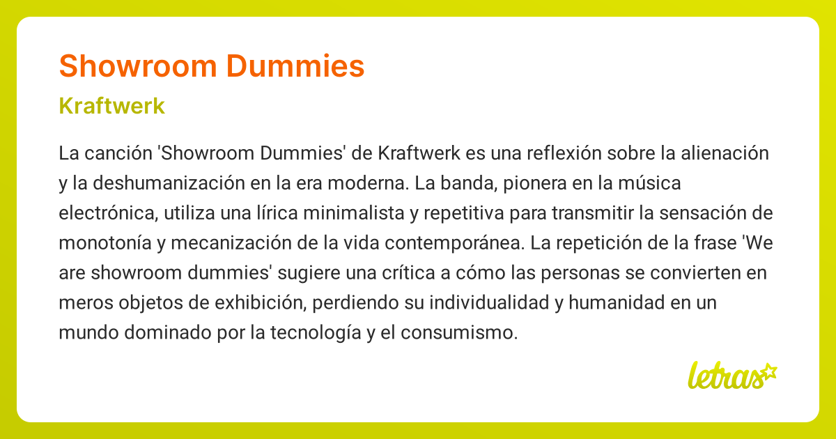 Significado de la canción SHOWROOM DUMMIES (Kraftwerk) - LETRAS.COM