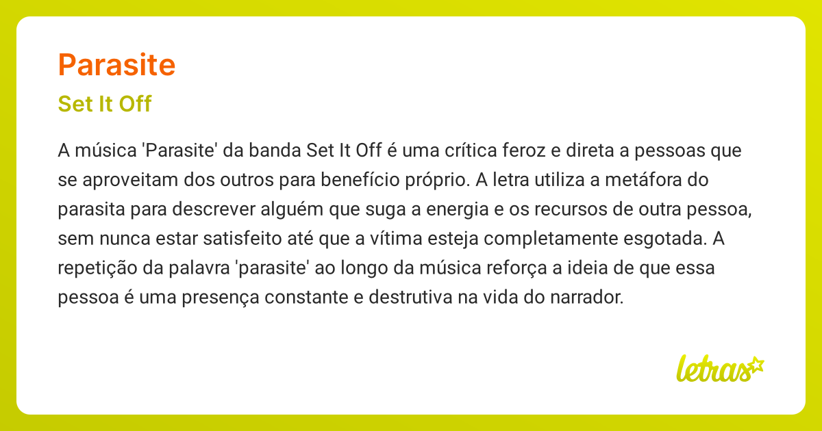 Significado da música PARASITE (Set It Off) - LETRAS.MUS.BR