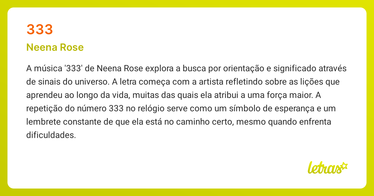 Significado da música 333 (Neena Rose) - LETRAS.MUS.BR