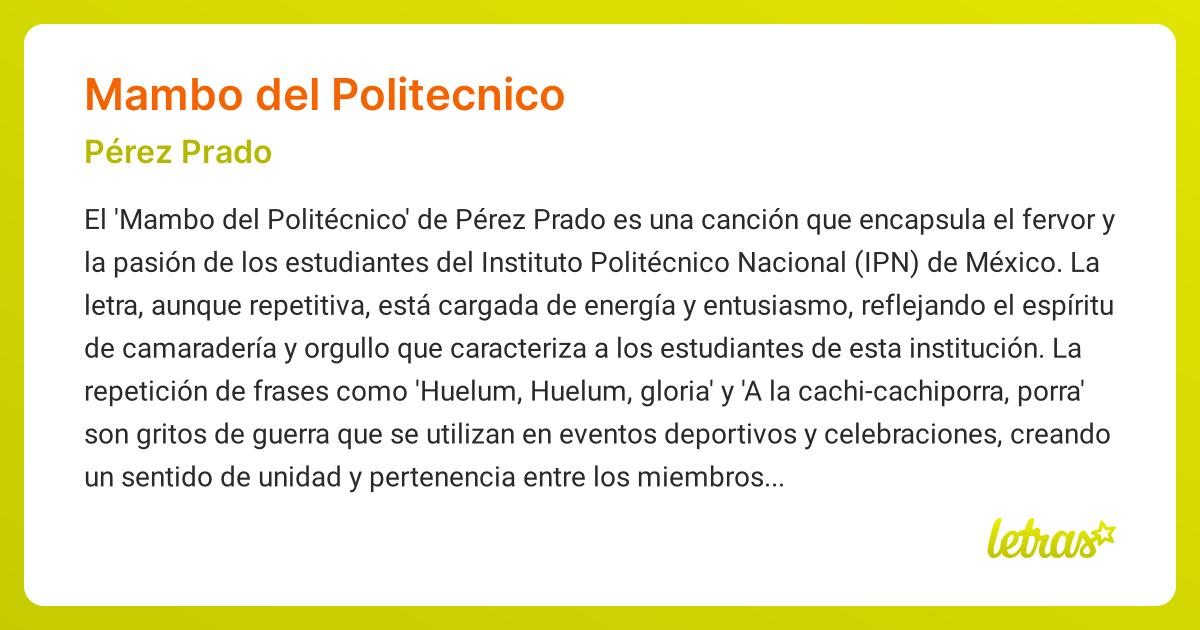 Significado de la canción MAMBO DEL POLITECNICO (Pérez Prado) - LETRAS.COM