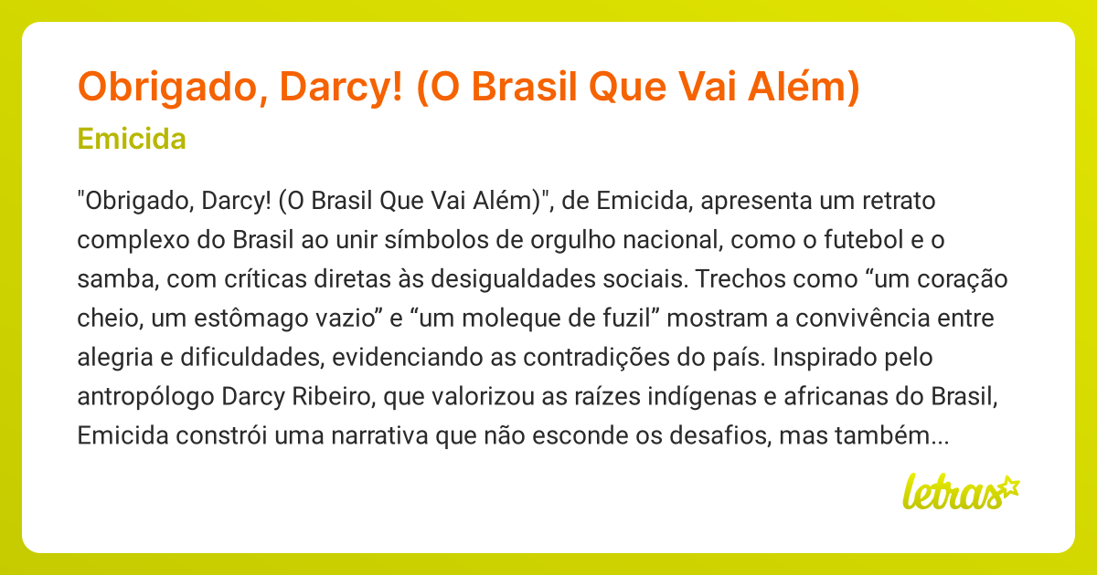 Significado da música Obrigado, Darcy! (O Brasil Que Vai Além) (Emicida ...