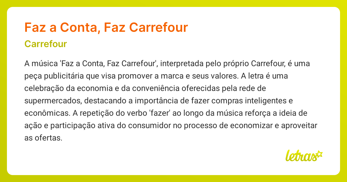 Significado da música FAZ A CONTA, FAZ CARREFOUR (Carrefour) - LETRAS ...
