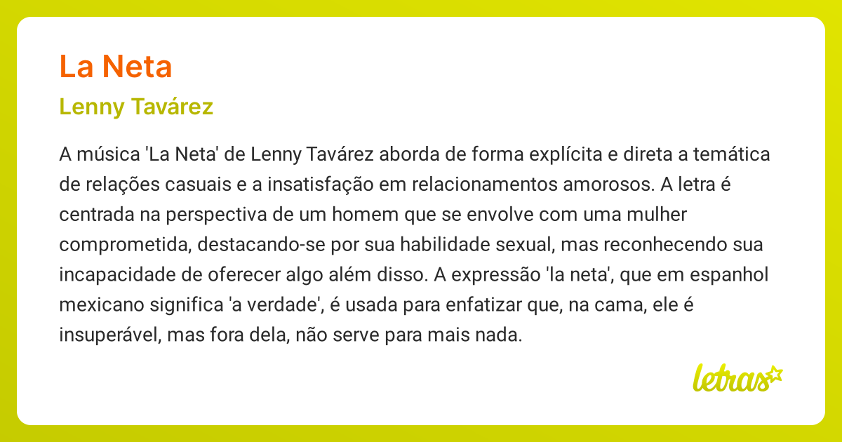 Significado da música LA NETA (Lenny Tavárez) - LETRAS.MUS.BR